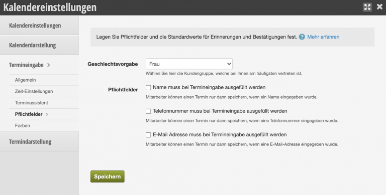 Kalendereinstellungen: Termineingabe – Pflichtfelder | Handbuch